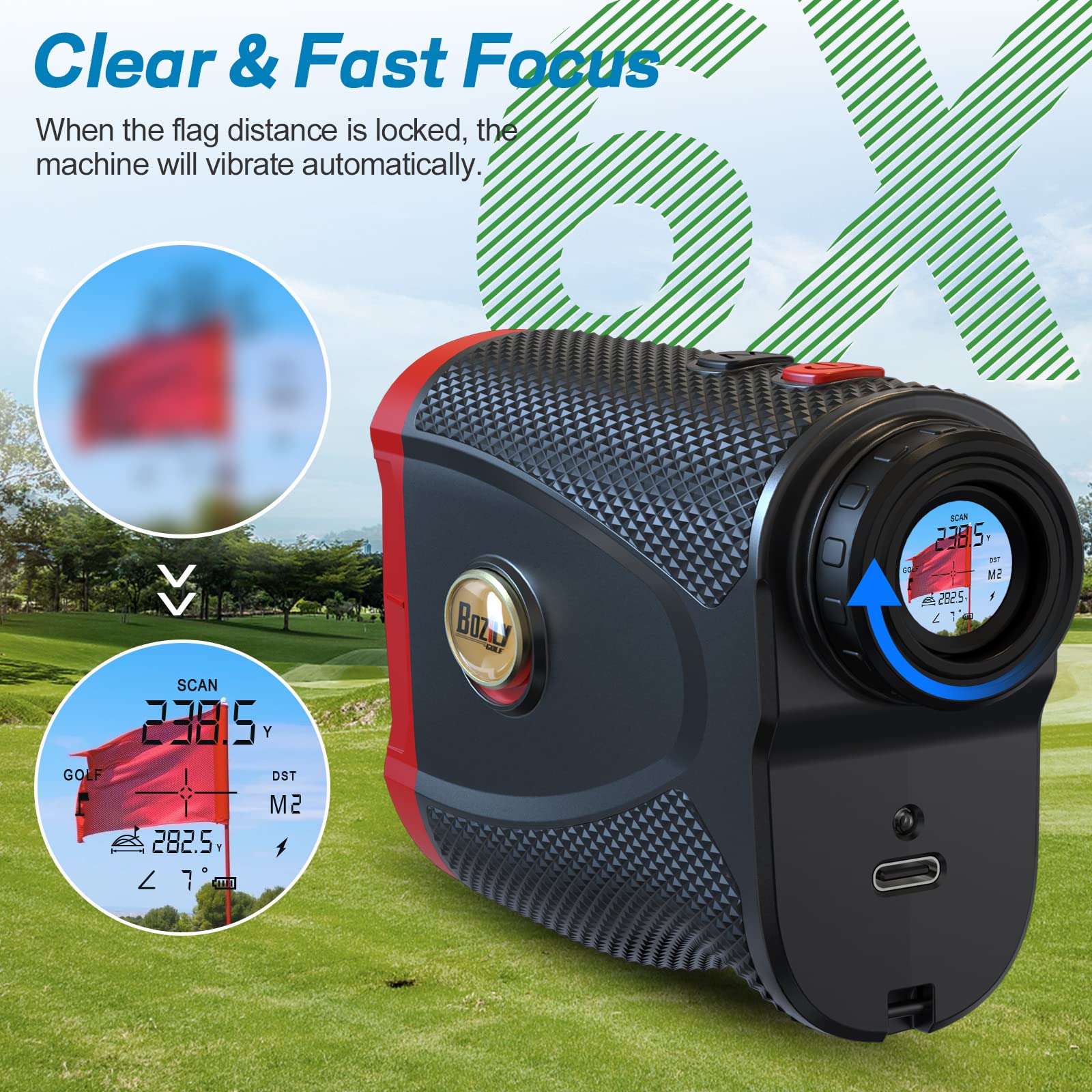 Bozily Golf Rangefinder with Slope, 6X Rechargeable Laser Range Finder with Charging Cord, 1200 Yards Flag-Lock, Slope ON/Off, Continuous Scan Support - Tournament Legal Golf Rangefinder