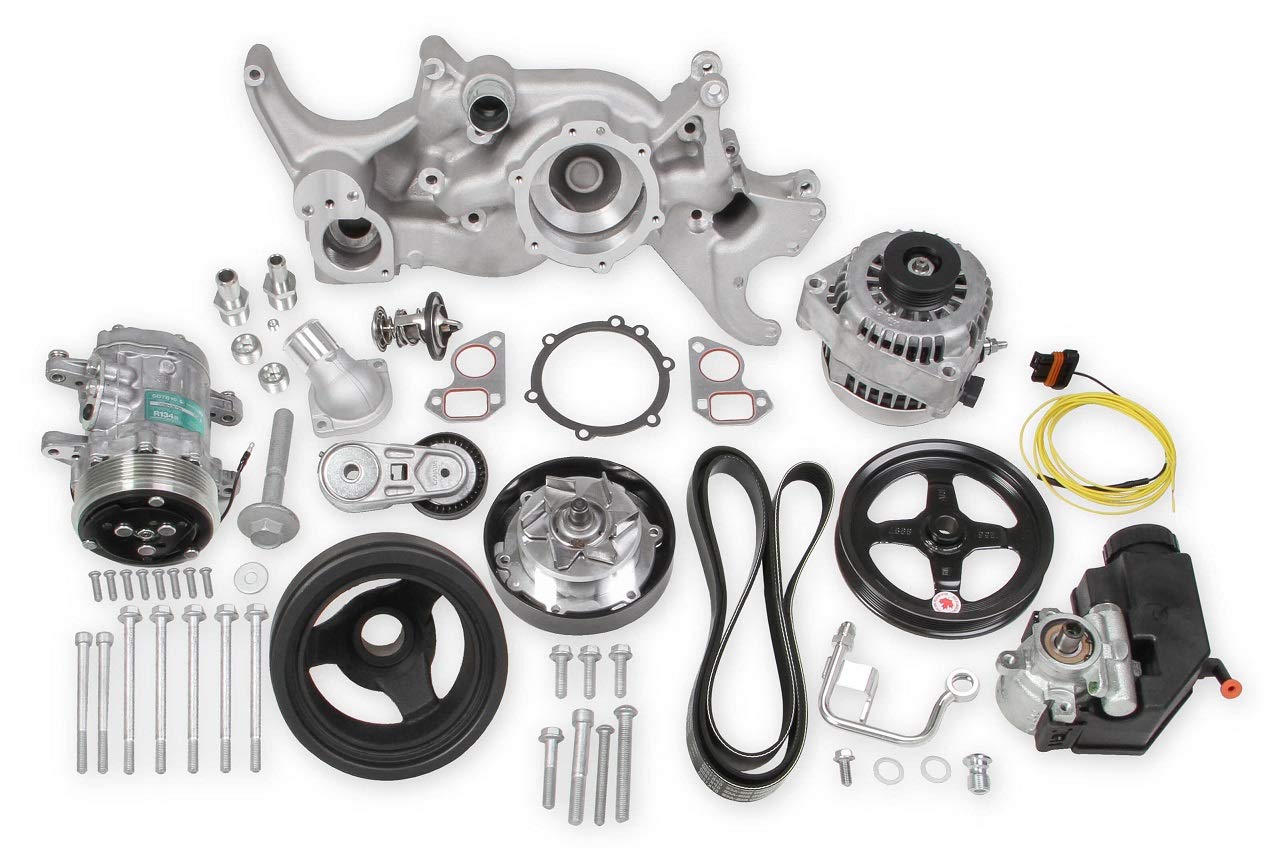 NEW HOLLEY MID-MOUNT COMPLETE ACCESSORY SYSTEM WITH SD7 A/C COMPRESSOR,ALTERNATOR,POWER STEERING PUMP,TENSIONER,BELT,CRANK DAMPER & PULLEYS,COMPATIBLE WITH GM LS ENGINES