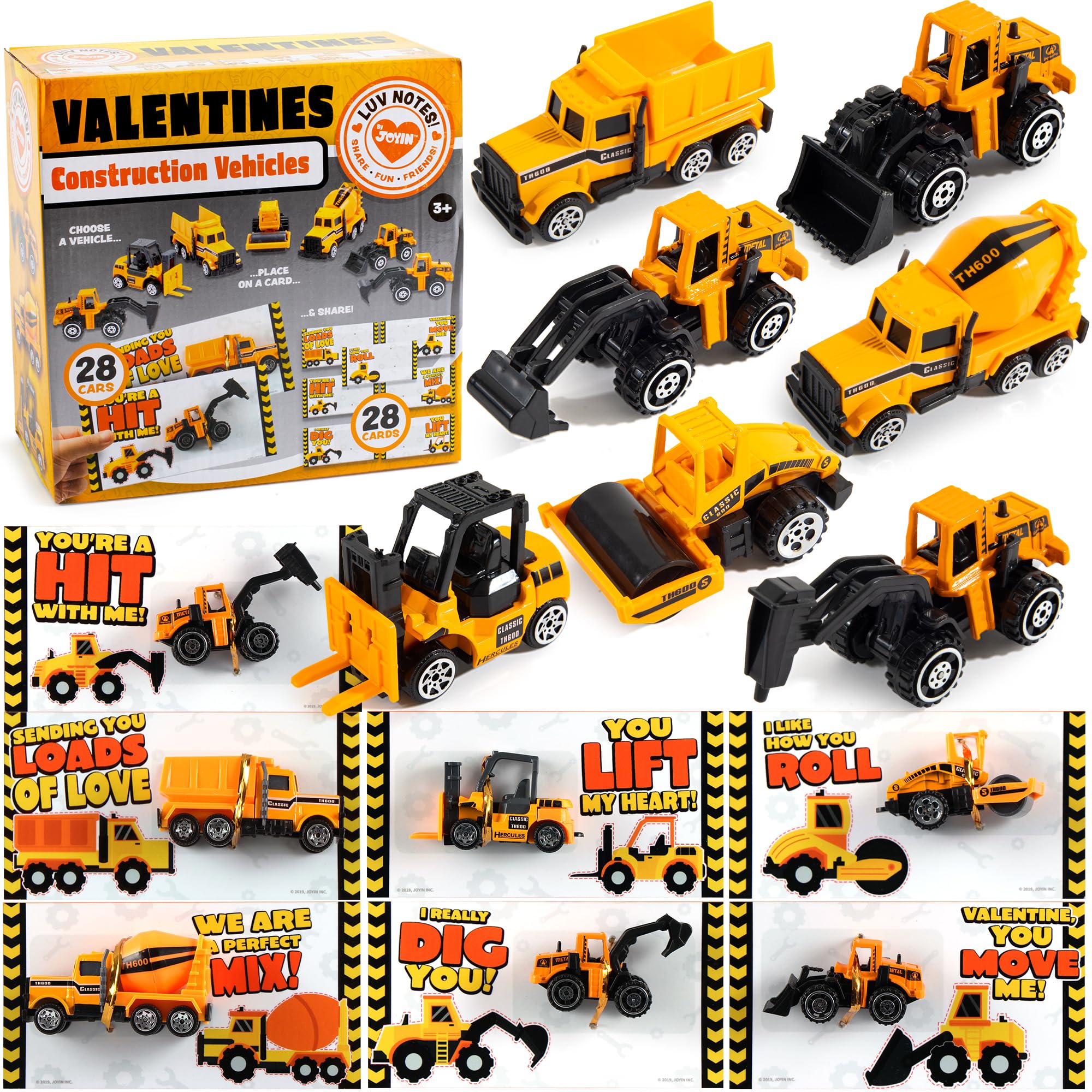 JOYIN 28 Pack Valentines Party Gift Cards with Mini Construction Vehicle Toy Set for Kids Valentine's Classroom Exchange Prizes Valentine Party Favor Toys Including Dump Truck, Excavator and More