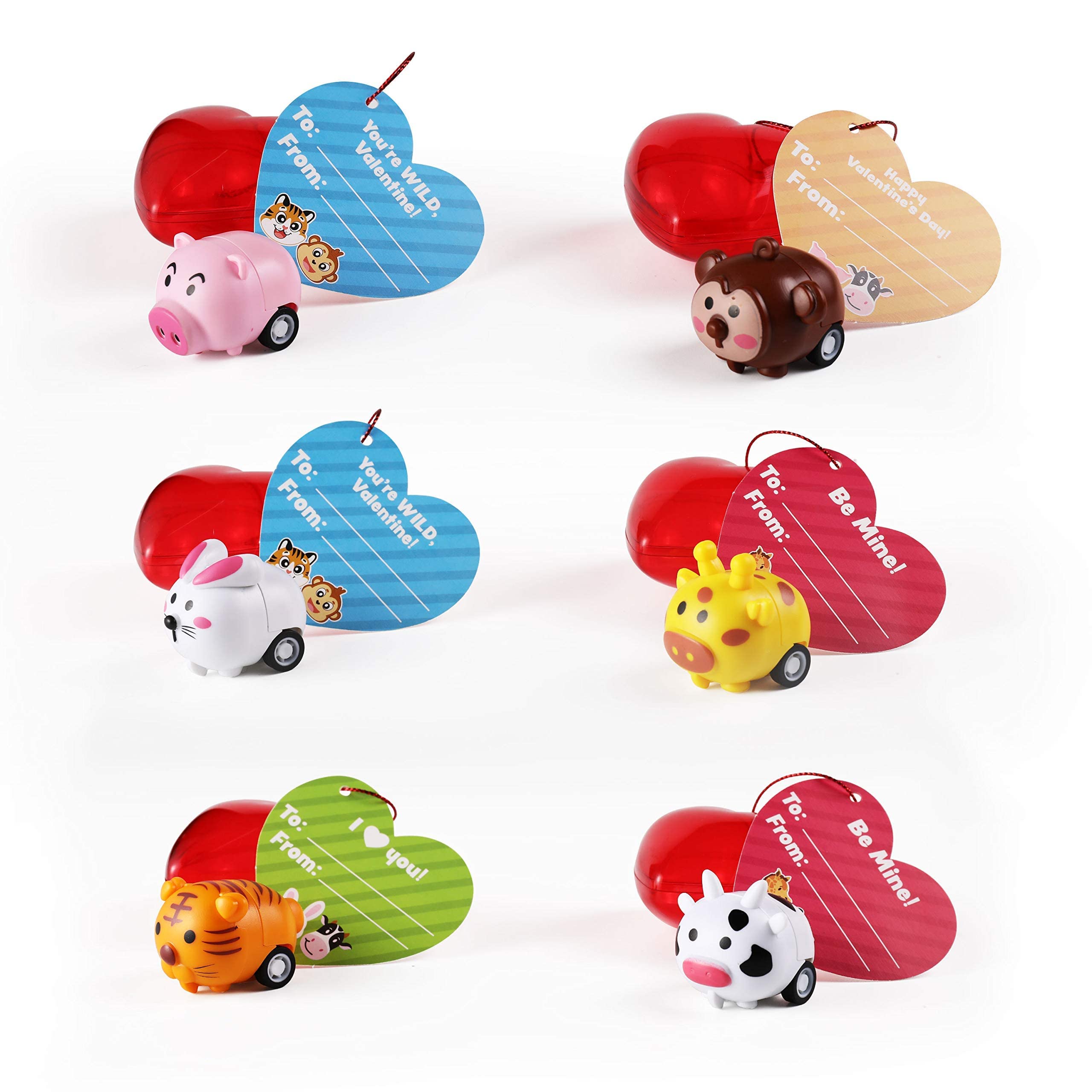 JOYIN 28 Pack Valentine Day Animals Pull Back Vehicles for Kids with Gift Cards and Filled Hearts, Pull Back & Go Car Toy Sets for Toddlers Kids Valentine School Classroom Exchange, Game Prizes