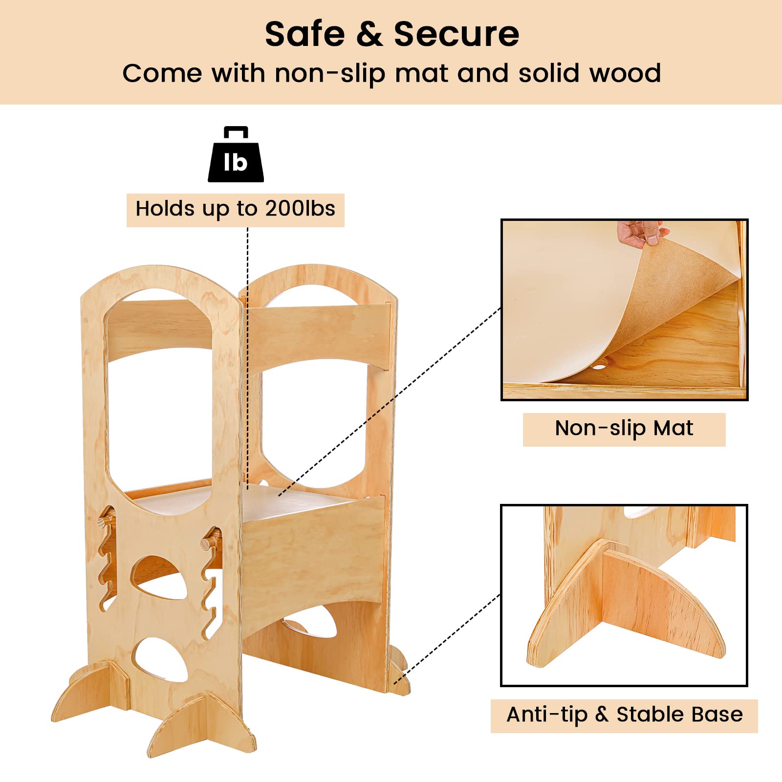 COMOMY Toddler Tower, Kids Step Stool with 4 Adjustable Heights, Safety Latch and Non-Slip Pad, Wooden Children Step Stool Kitchen Helper for Counter & Bathroom Sink