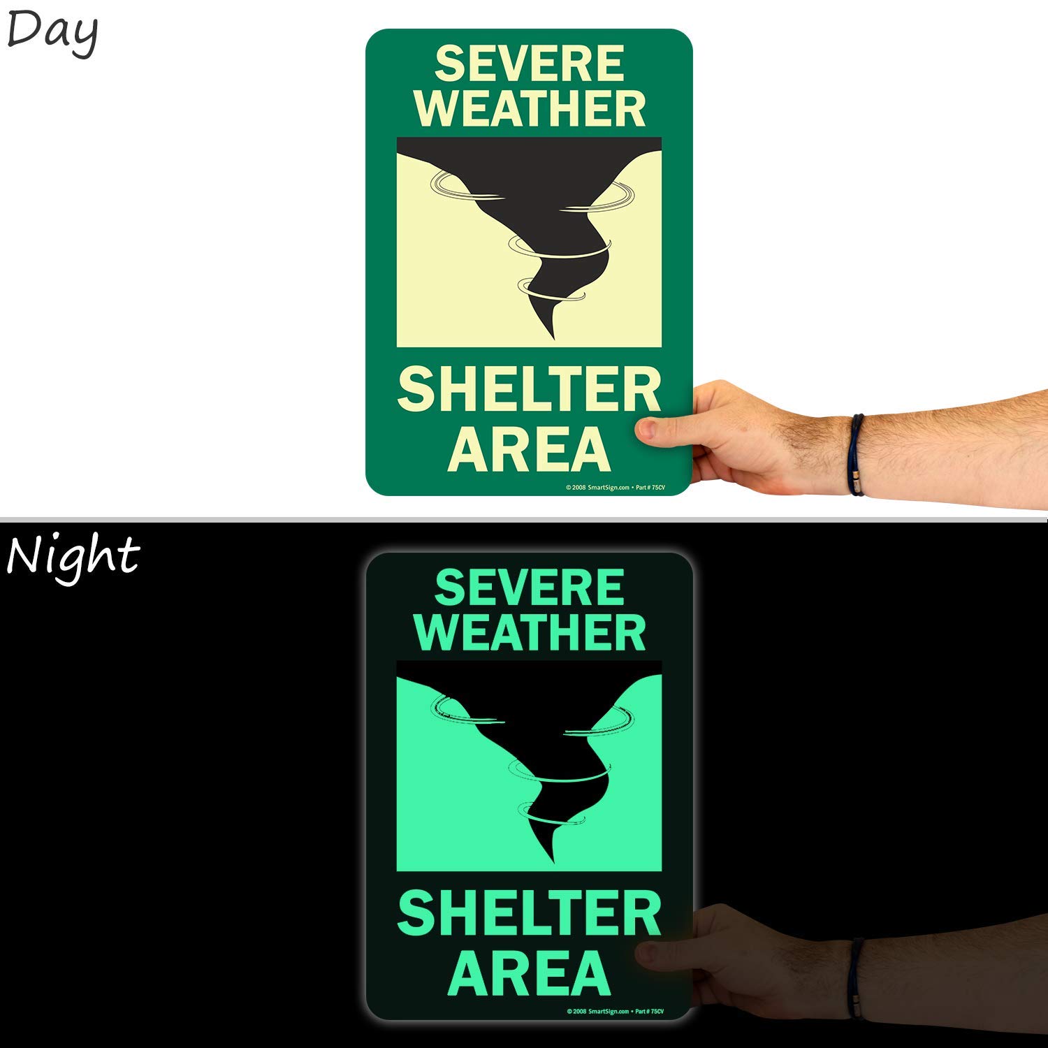 SmartSign "Severe Weather, Shelter Area" Label | 7" x 10" Glow-in-The-Dark Laminated Vinyl Sticker, Made in USA