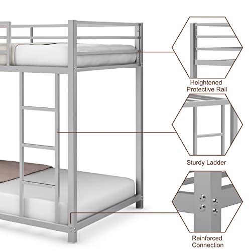 DORTALA Bunk Bed Twin Over Twin, Twin Bunk Beds w/Guardrail & Ladder, Metal Bunk Bed for Dormitory & Multiple-Child Family, Twin Bunk Beds for Toddler, Kids, Silver