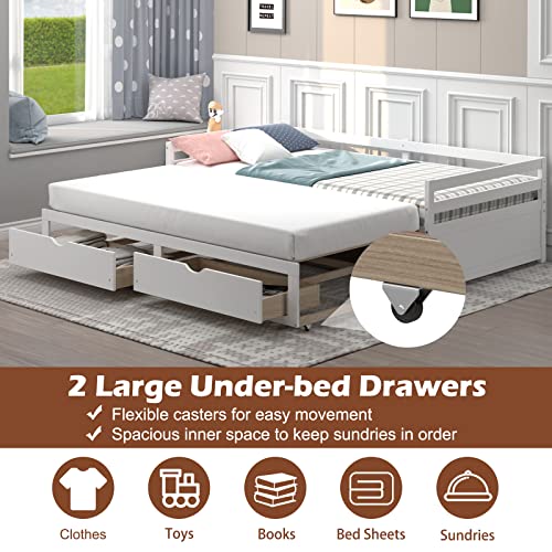 DORTALA Twin to King Daybed with Trundle and 2 Storage Drawers, Modern Extendable Daybed with Pull Out Bed Twin, Dual-use Sofa Bed for Bedroom, Guest Room, Living Room, No Box Spring Required, White