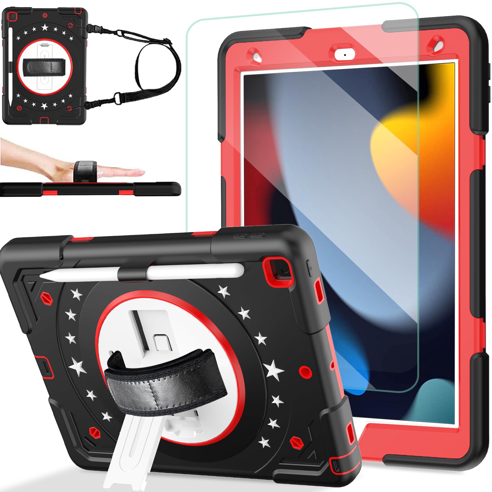 BMOUO iPad 9th/8th/7th Generation Case, iPad 10.2 Case - with Tempered Glass Screen Protector, 360 Rotating Stand, Shoulder Handle Strap & Pencil Holder Kids Case for iPad 10.2” 2021/2020/2019, Blue