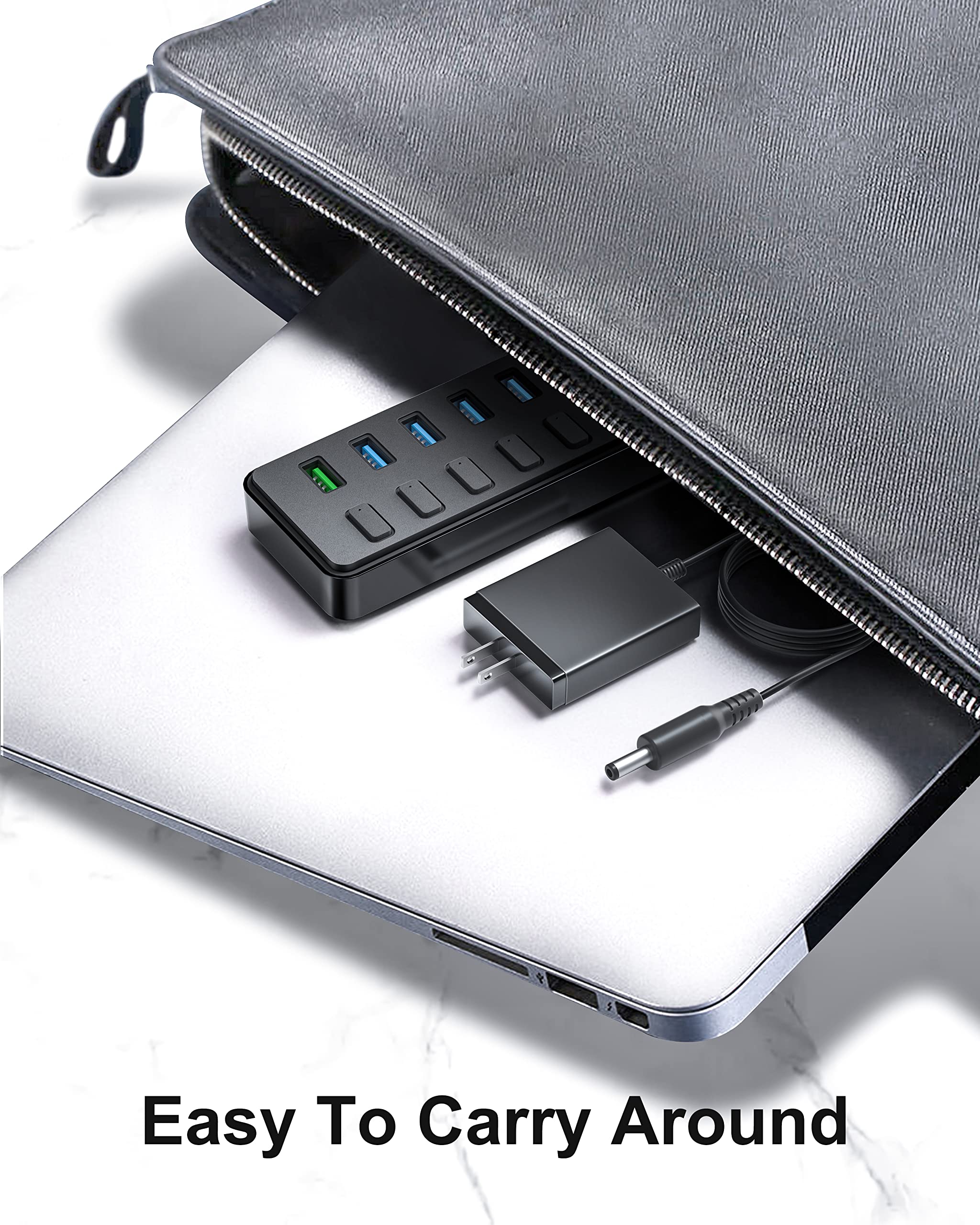 BYEASY 7 in 1 USB Hub with BC1.2 Smart-Charging Port, Powered USB 3.0 Hub with 5V/3A Power Adapter,USB Data Splitter with Individual Indicator for Notebook Laptop Tablet USB Flash Drives PC