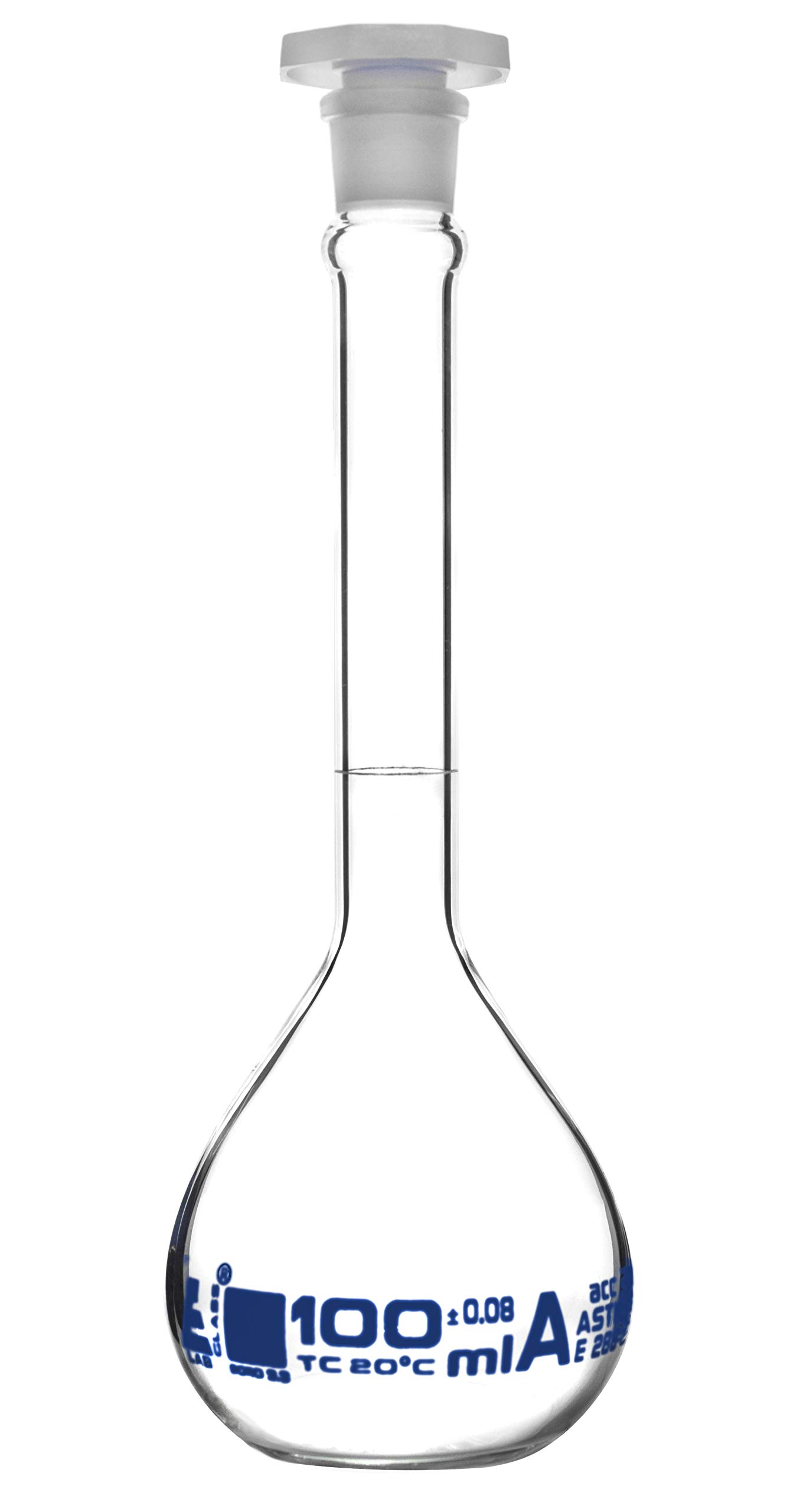 EISCO Volumetric Flask, 100ml - Class A, ASTM - Tolerance Âą0.08ml - Polypropylene Stopper - Single, White Graduation - Borosilicate Glass