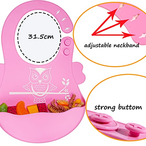 KAVONOI Baby Toddler Silicone Suction Plate with Spoon&Fork And Adjustable Bib Set,Silicone Baby Feeding Utensils Set,Baby Toddler Led Weaning Supplies Set-Pink Owl Set
