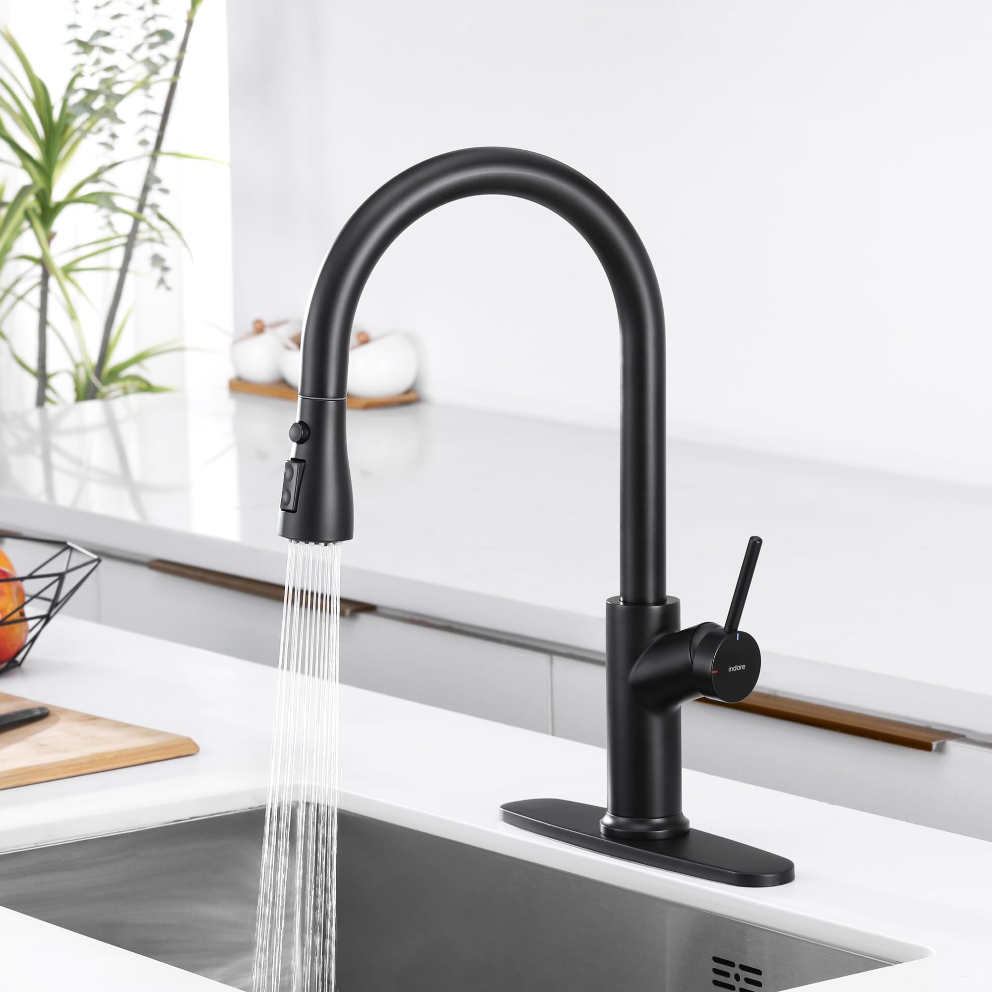 Indare Kitchen Faucets, Kitchen Faucet with Pull-Down Sprayer, Matte Black Kitchen Faucet with Deck Plate, Kitchen Faucet with Sprayer
