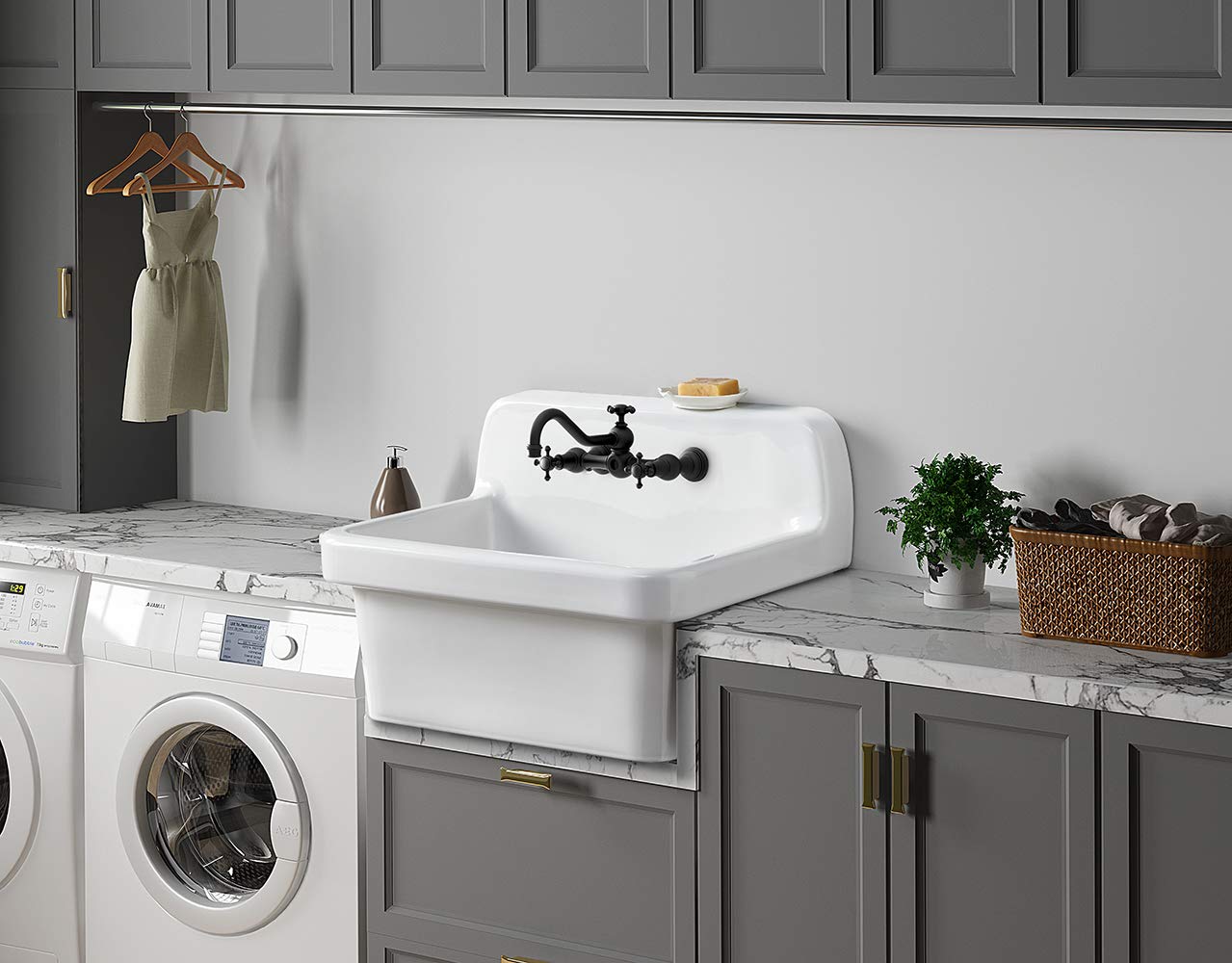 ELLAI 24 Inch White Ceramic Farm Style Wall Mount Utility Sink High Back Wall Mounted Laundry Tub 10 Gallon Farmhouse Sink Slop Sink for Laundry Room, Garage, Kitchen, Bathroom 24" x 19" x 16.5"