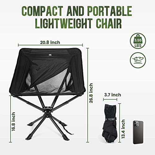 TCEK Swivel Portable Chair Camping Chairs - Small Compact Portable Chair for Adults That Setup in 8 Seconds, Lightweight Outdoor Folding Chair for Camping, Backpacking, Hiking, Beach, Support 300 LBS