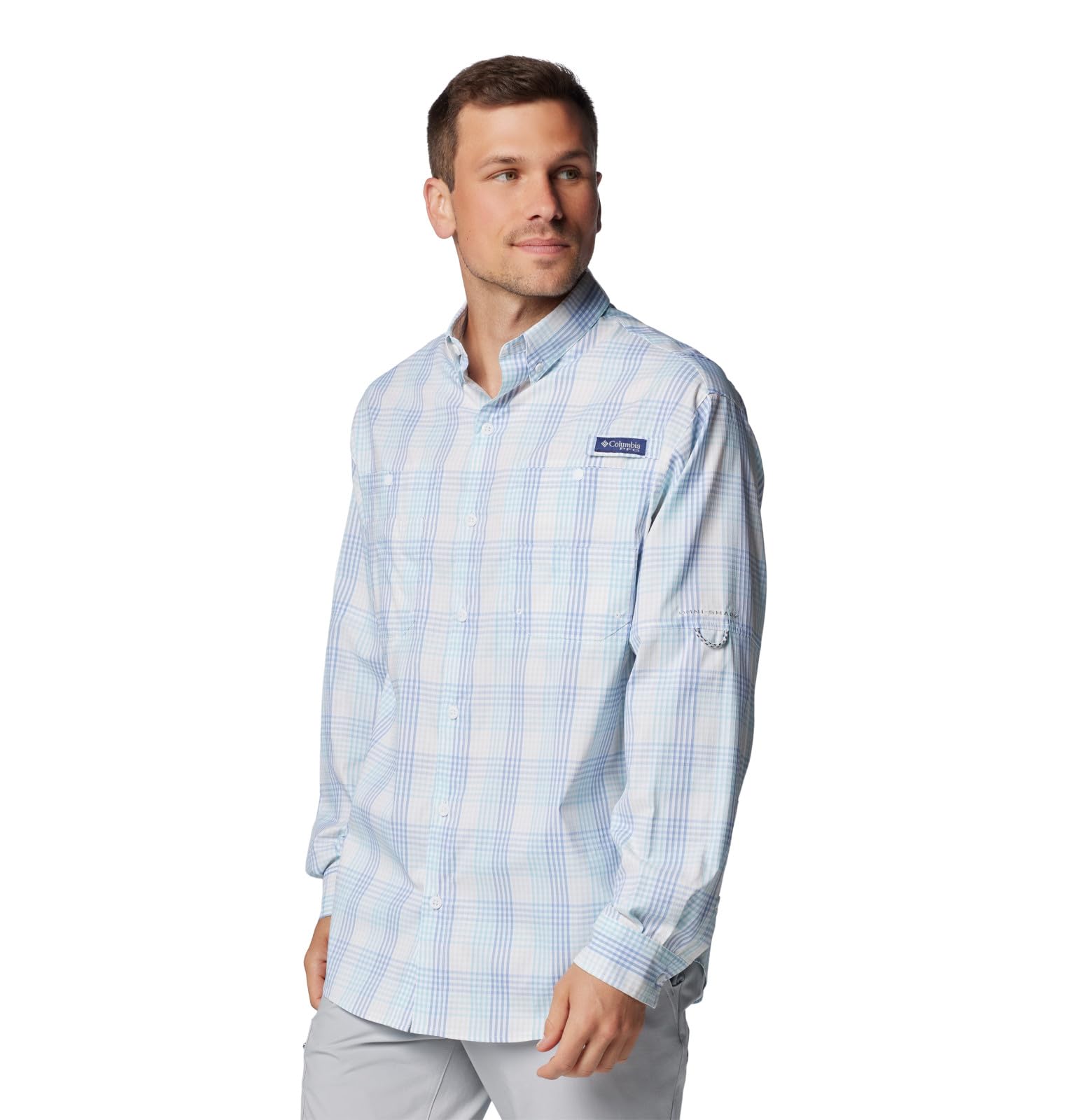 Columbia Men's Super Tamiami Long Sleeve Shirt, Vivid Blue Multi Gingham, Large