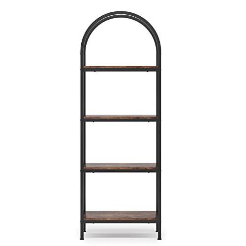 LITTLE TREE 4-Tier Arched Bookshelf, Tall Open Bookcase Storage Shelves, Wood Metal Freestanding Display Rack Tall Shelving Unit for Home Office, Bedroom, Living Room, Rustic Brown