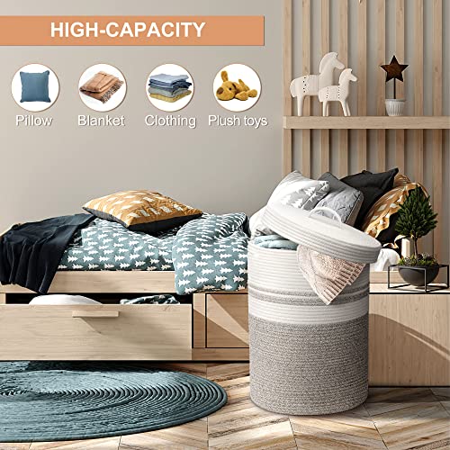 Goodheim Laundry Hamper with Lid, Large Woven Laundry Basket,Blanket and Toy Storage Basket for Living Room, Bedroom, Bathroom, Nursery(Brown and White,55L)