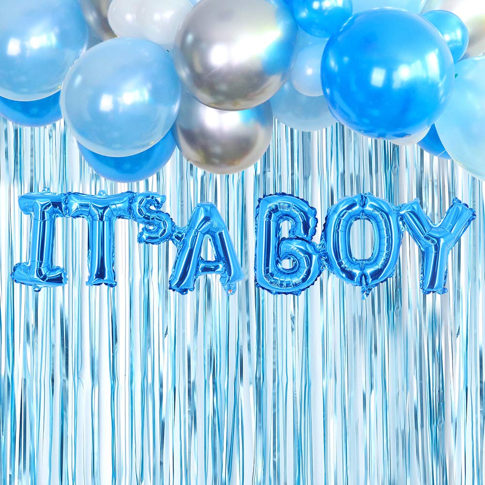 Blue Metallic Fringe Curtains & It's A Boy Foil Balloon Kit- Baby Shower Decorations Blue Wall Decoration Pastel Blue Photo Prop Backdrop Boys Birthday Party (Blue, Pack of 2)