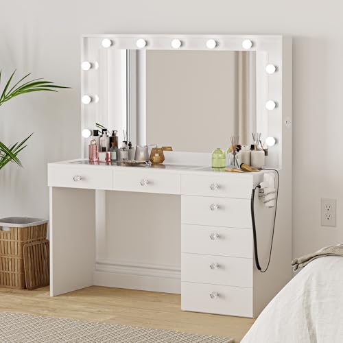 Boahaus Diana LARGE Vanity Makeup Desk with Vanity Mirror, Built-in Lights, 7 Drawers, Crystal Ball Knobs, Power Outlet, White Makeup Desk for Bedroom, 58.2'' H x 47.2'' W x 17.7'' D