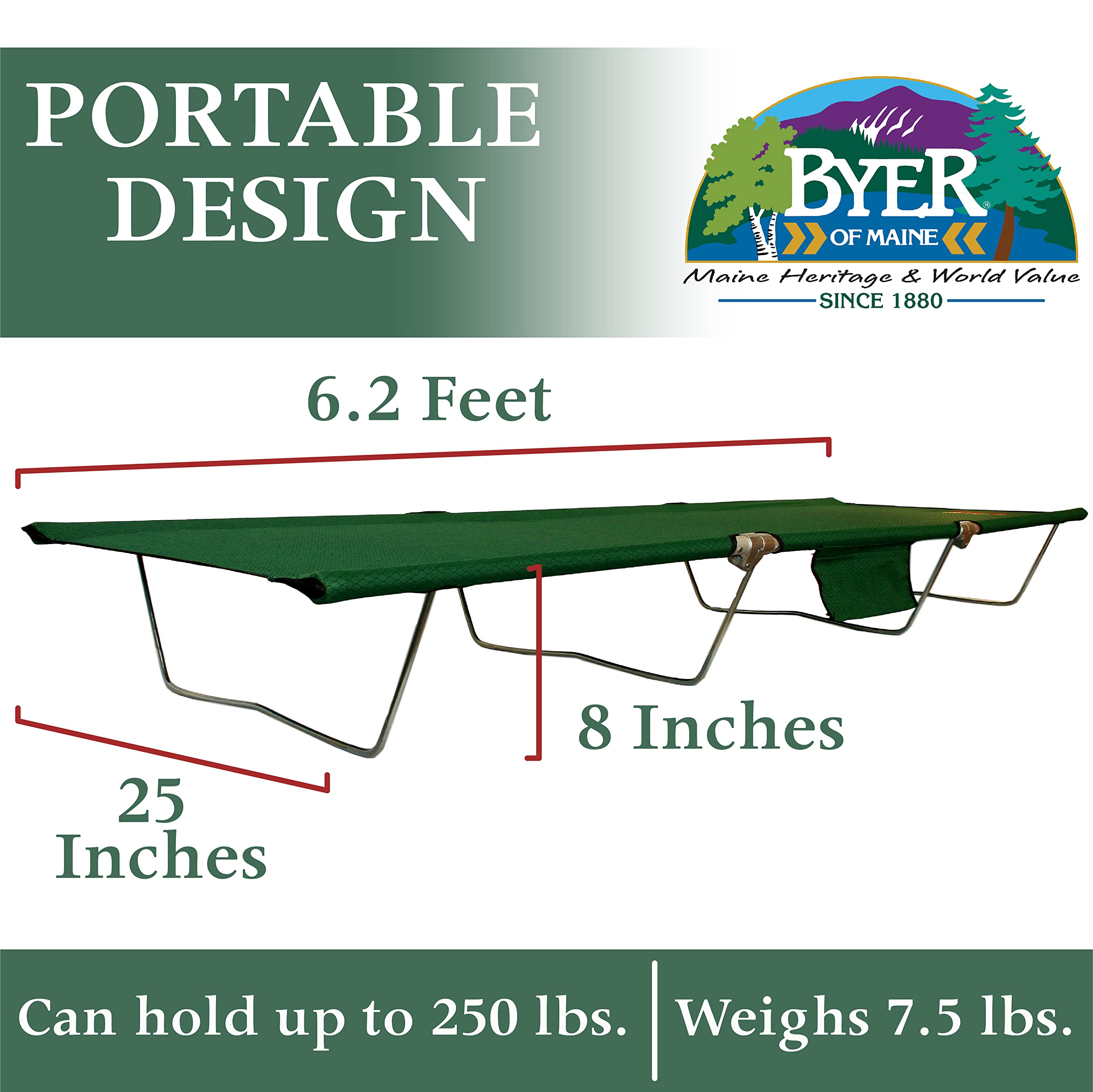 BYER OF MAINE, TriLite Cot, Very Compact When Folded, Set Up 74" L X 25" W X 8", Camping Cots for Adults, Portable Cot, Tri Lite Cot, Cot, Lightweight Cot, Outdoor Cot, Foldable Cot, Single