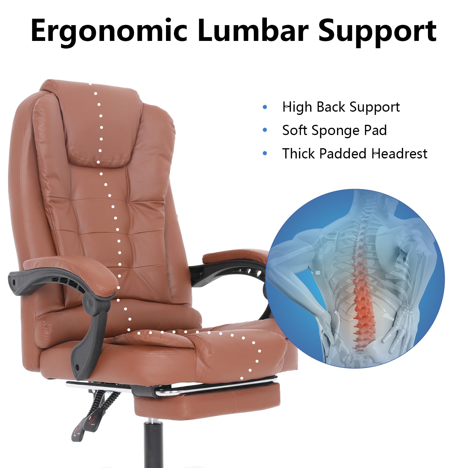 Bioopts Massage Office Chair Executive High Back Chair Lumbar Support Computer Desk Chair Ergonomic PU Leather-Padded Swivel Chair Reclining Task Chair with Footrest for Home Office Work(Light Brown)