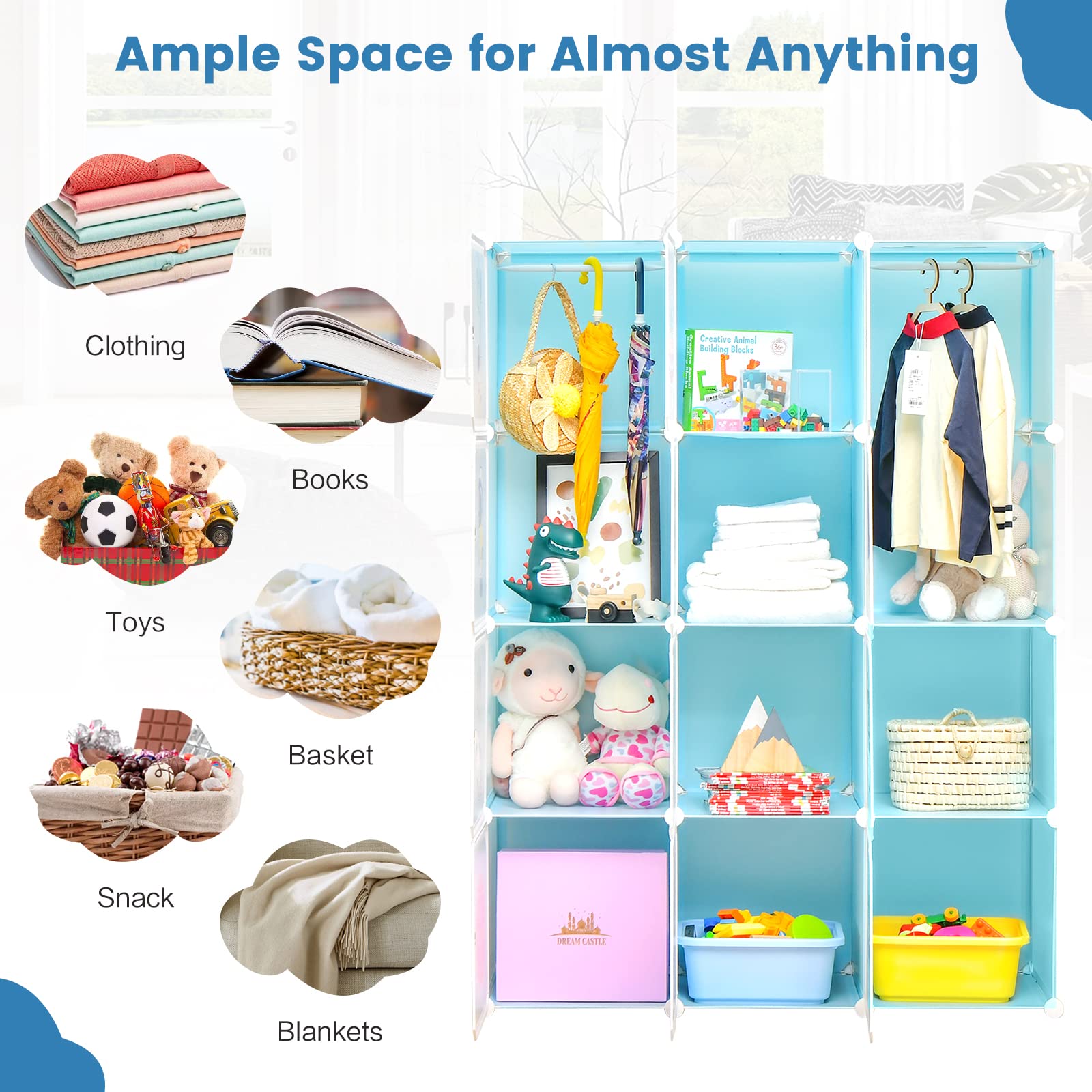INFANS Children Wardrobe, Kid Closet Portable Baby Dresser Cute for Kids Bedroom Nursery Armoire with Doors 12 Cube 2 Hanging Sections, Kid Clothes Storage Organizer (Blue, 12 Cubes)