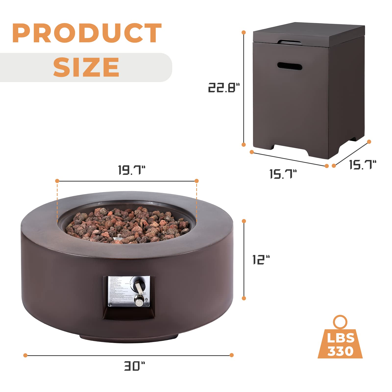 ECOTOUGE 2-Piece Outdoor Propane Firepit Table Set with Tank Table, 30 Inch Auto-Ignition Round Gas Fire Pit, 50,000 BTU Steel Fire Table w/Weather-Resistant Pit Cover, Lava Rocks, Brown