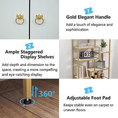 Loomie 8-Open Shelf Bookshelf with Cabinet, 76.77" H Lux Etagere Bookcase, Tall Storage Display Modern Open Book Shelf, Metal Geometric Book Case for Bedroom, Home Office & Living Room, Gold & White