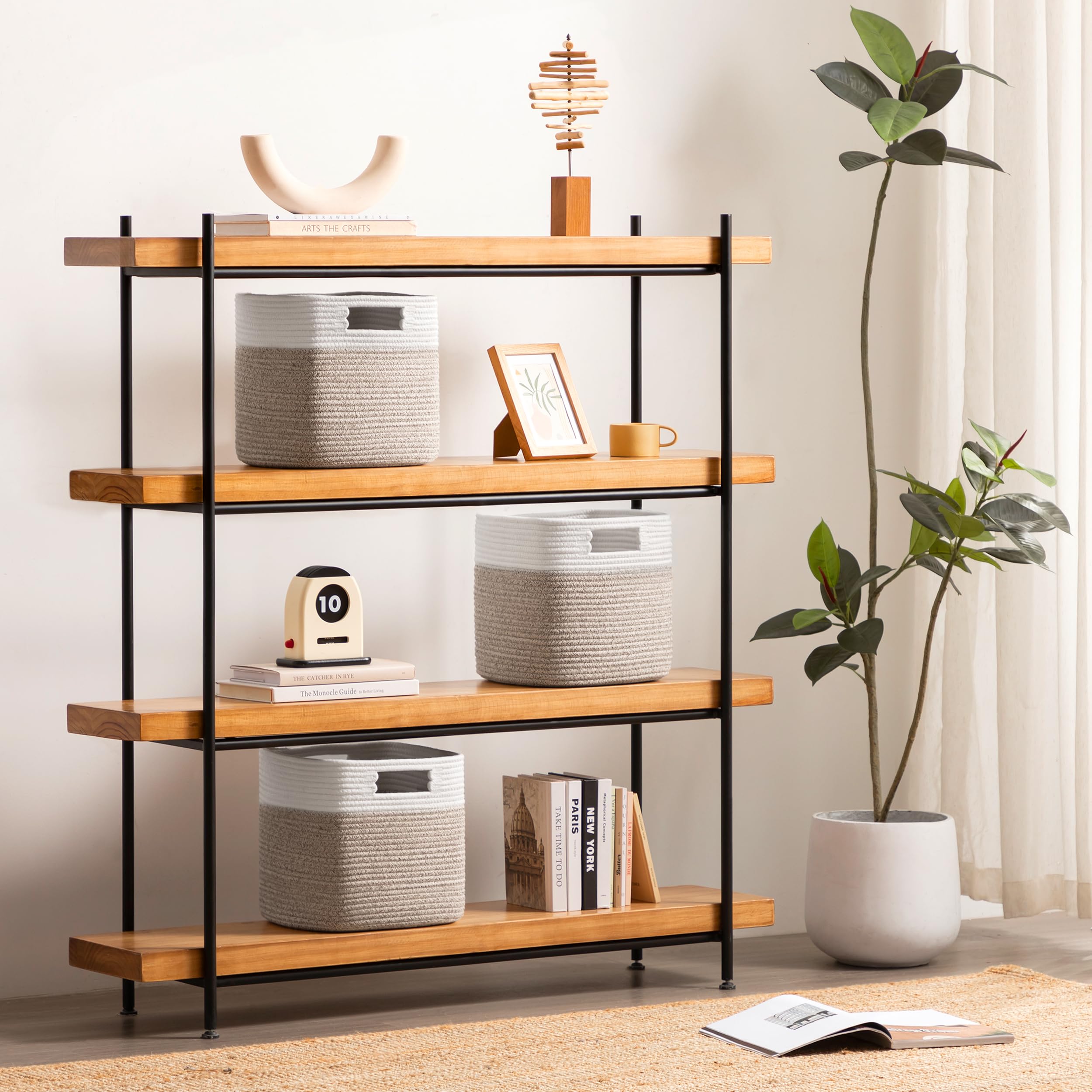 Dreamcountry 13x13 Cube Storage Bins, Storage Cubes with Handles, 4 Pack Cotton Rope Basket for Shelves, Cube Storage Organizer forToys, Book, Clothes, Home, Office, Nursery, White/Brown
