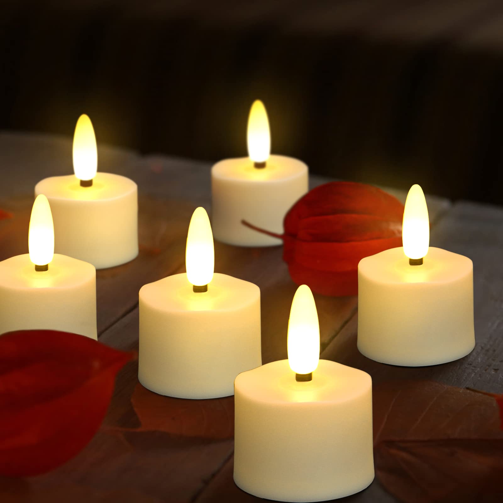 Daord USB Rechargeable 3D Wicks Tealights Candle Flameless Flickering Battery Operated with Remote Control & Timer Realistic Led Tea Lights for Halloween Christmas Home Decor (12 PCS,Rechargeable)