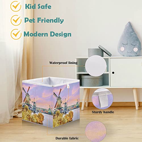 visesunny Closet Baskets Windmill in The Suburbs Of Amsterdam Storage Bins Fabric Baskets for Organizing Shelves Foldable Storage Cube Bins for Clothes, Toys, Baby Toiletry, Office Supply
