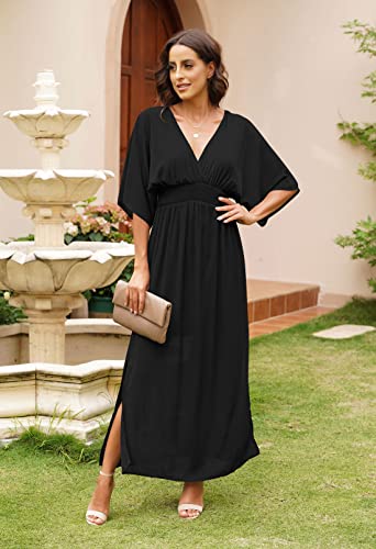 Meenew Women's Deep V Neck Summer Maxi Dress Flowy Long Beach Dress Black S