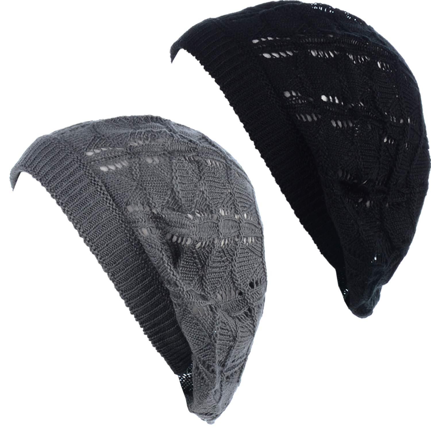 BYOS Chic Parisian Style Soft Lightweight Crochet Cutout Knit Beret Beanie Hat (2-Pack Wavy Stripes Charcoal Gray & Black)