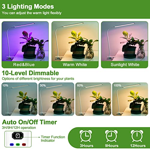 Grow Light for Indoor Plants, SUWITU 6000k Full Spectrum Plant Light, Clip-on Led Grow Lights, Plant Grow Light for Succulents Small Plants, Auto On/Off Timing, 1 Head 3 Lighting Modes & 10 Dimming