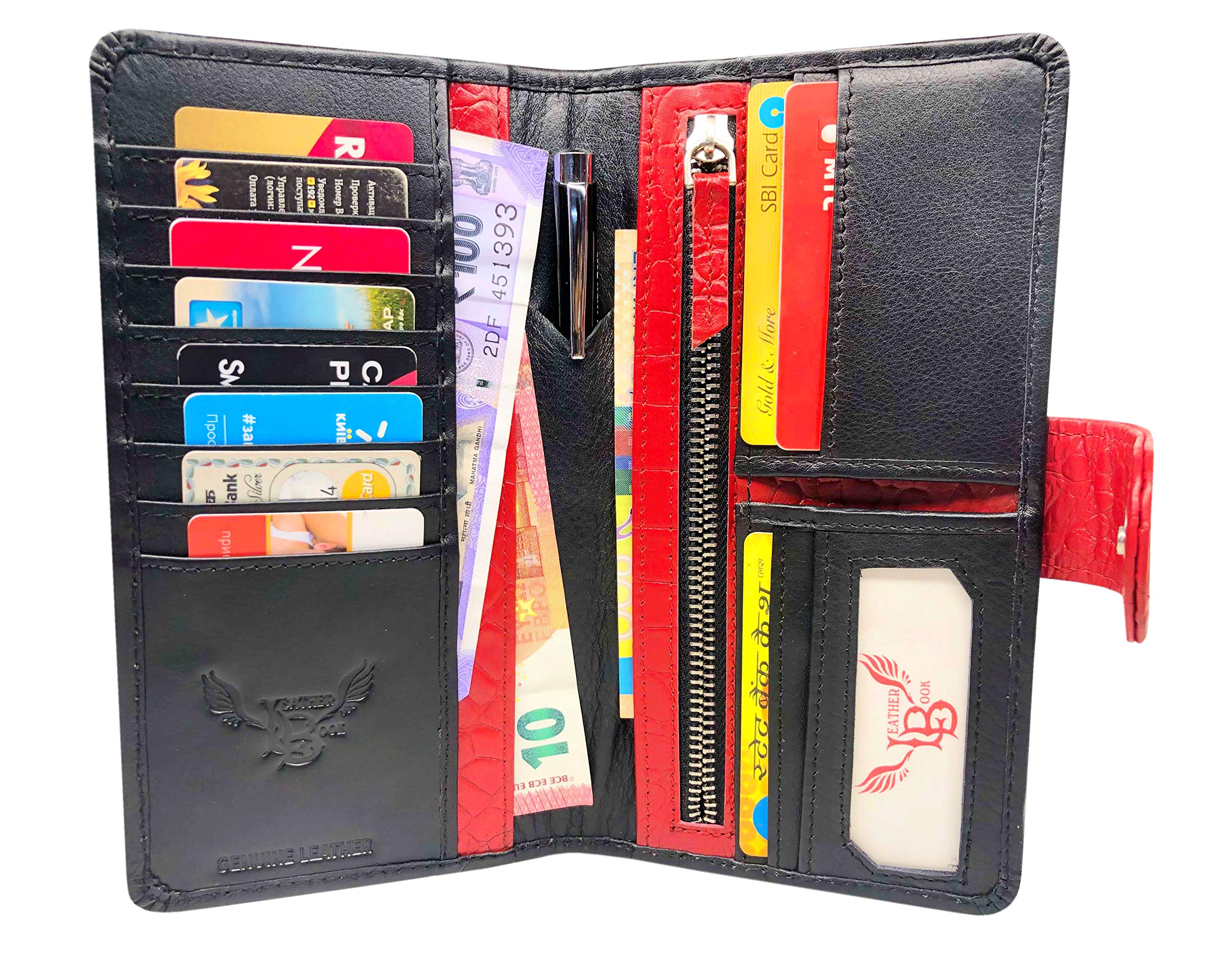 Leather Book LW-1804 Red Crocodile Ladies Wallet|10 card slots|1 card window|4 slide pockets|1 zip pocket | Black Cowhide & Red cowhide Crocodile Print Leather