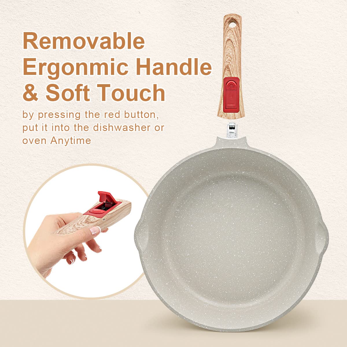 Bobikuke 11 inch/5Qt Nonstick Deep Frying Pan with Lid, Non Stick Skillets for Cooking Saute Pan with Removable Handle, Dishwasher & Oven Safe, PFOA Free, Compatible with All Stovetops