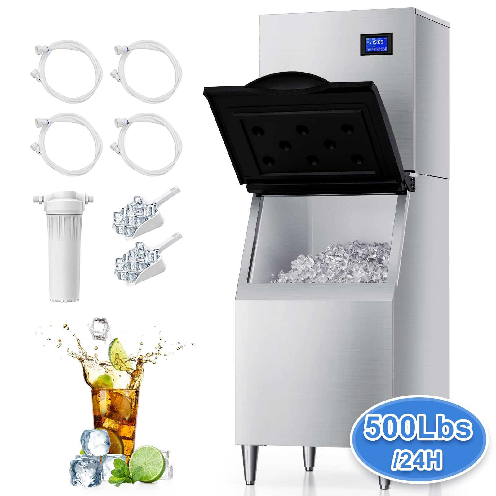 Commercial 500Lbs/24H Ice Maker Machine,Ice Ready in 5-15 min, 350Lbs Large Storage,800W Stainless Steel Nugget Ice Machine with Filters,Water Line Hook Up,Ice Thicknesses Adjustable