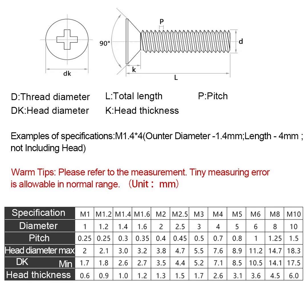 BOSHC Electronic Screws Phillips Flat Head Micro Screws for Glasses Laptop Notebook Computer Bolt M3*8mm,200 pcs
