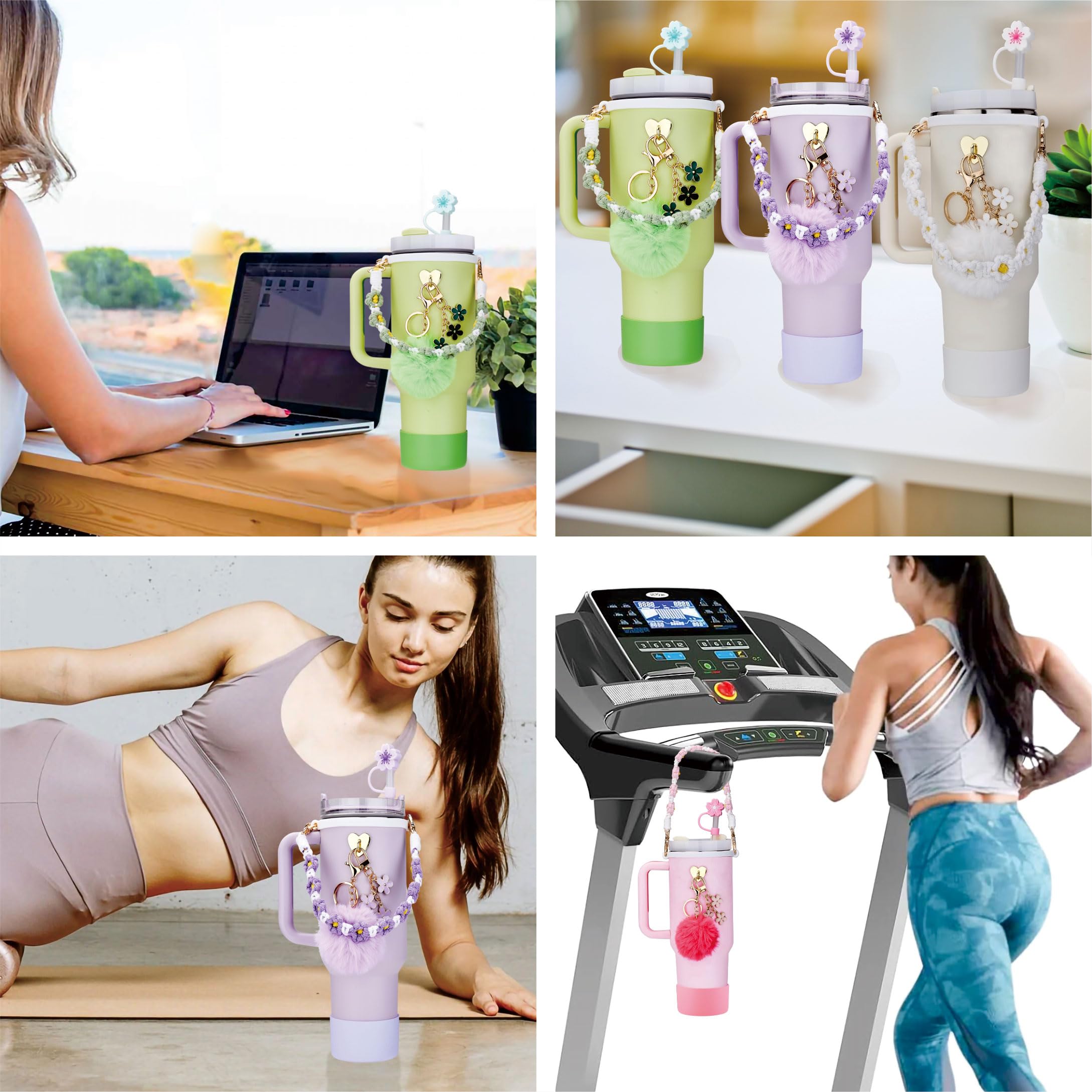 Compatible with Stanley Cup Accessories, 7pcs Tumbler Accessories for Stanley Cup 30/40 oz, Including Water Bottle Handle Strap, Cup Boot, Straw Cover, Plush Ball and Key Charm, Purple
