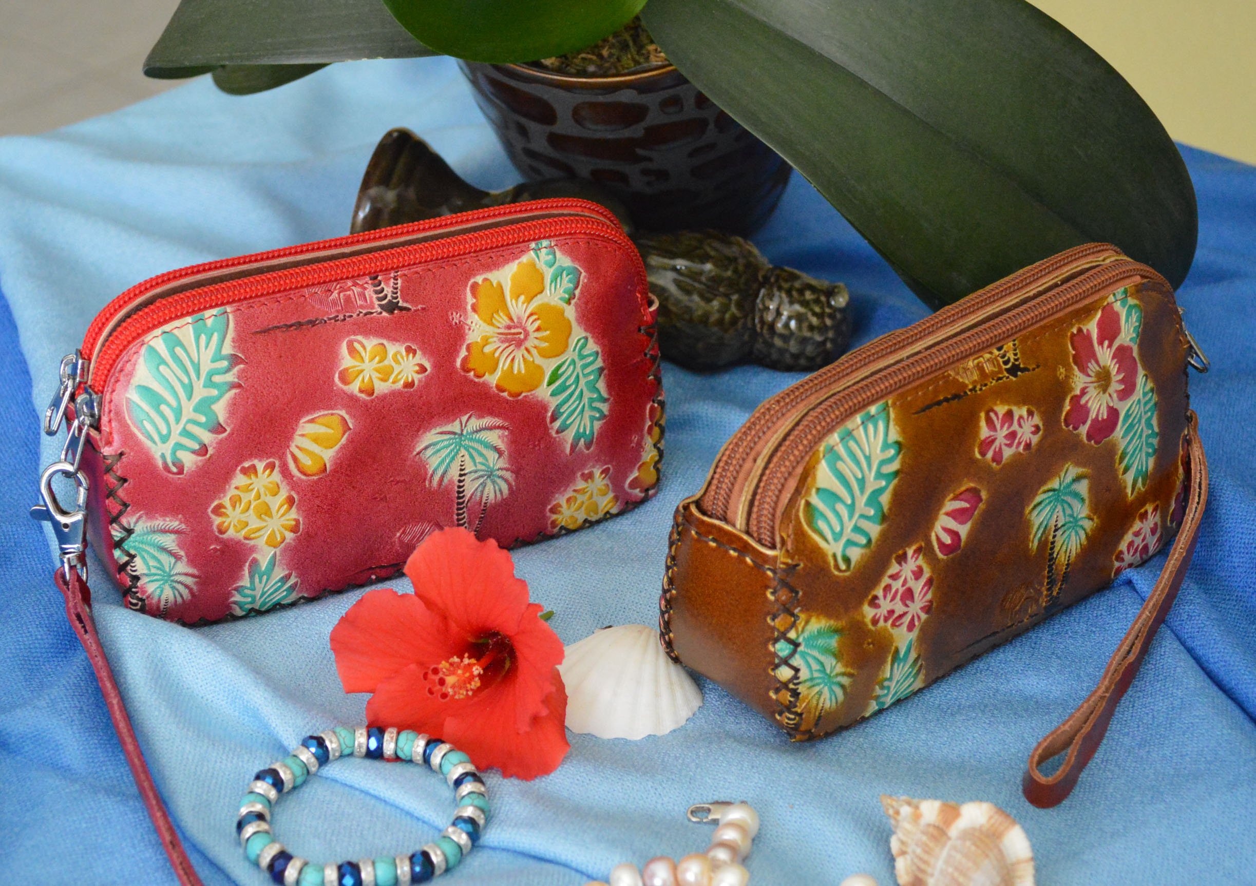 Leather Purse/wallet,two Zipper for Two Separate Rooms, Lovely Hawaii Scenery (Brown)
