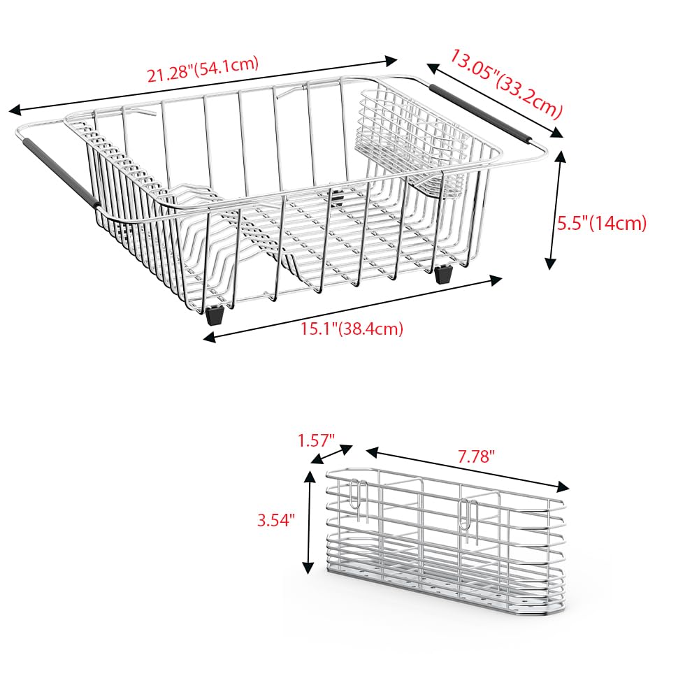 ESBOLM Dish Drainers for Inside Sink - Adjustable Over Sink Stainless Steel Dish Rack,Expandable 15.1" to 21.28" Dish Drying Rack,with Utensil Holder-X-Large(for 3-6 People)