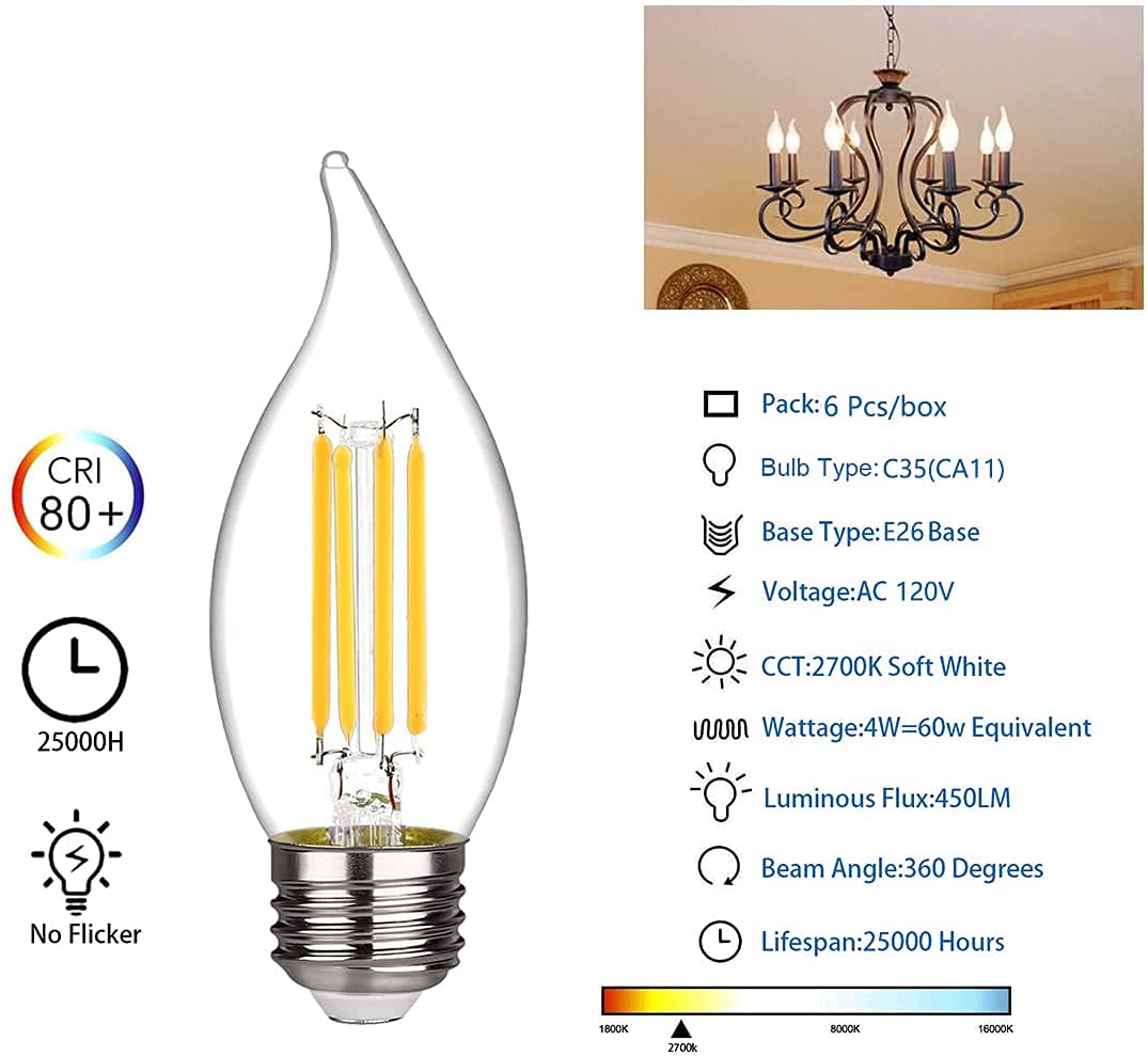 BORT C35/CA11 Chandelier led Light Bulbs, Dimmable 4W Equivalent to 40W LED Candelabra Bulbs, 2700K Warm White, E26 Standard Base LED Bulbs, Flame Tip (C35-E26-6 Pack)