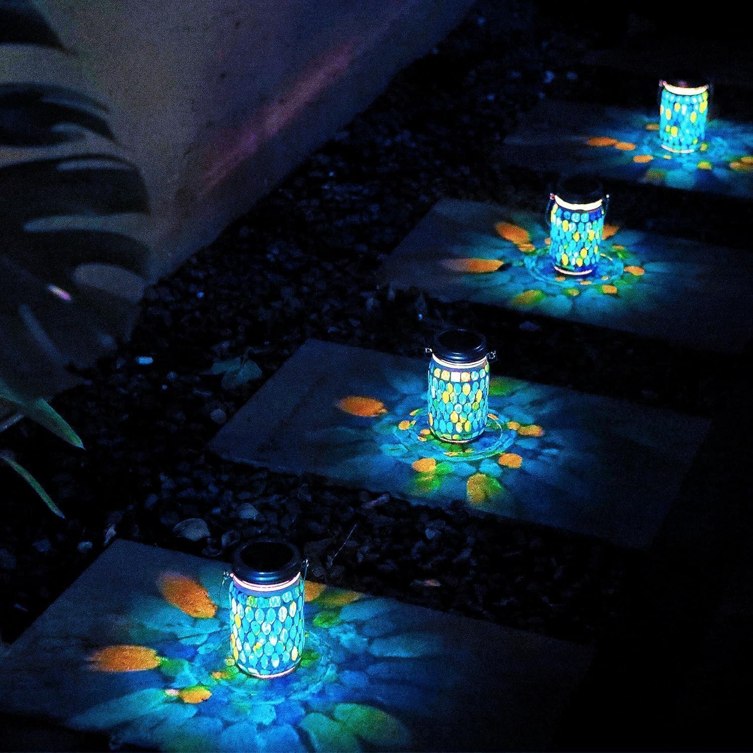 Cooo Solar Lanterns Outdoor Waterproof Jar Lights Solar Powered Table Hanging Garden Backyard Decor Lamps (Bohemian Bule Mosaic, 2)