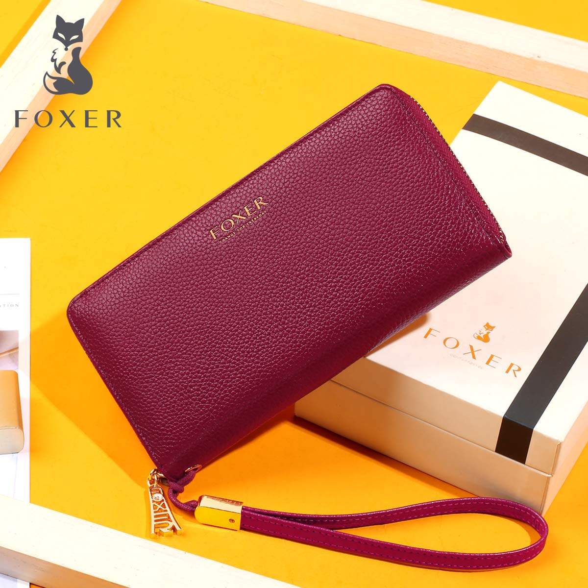Leather Wallets for Women, Genuine Leather RFID Blocking 17 Card Slots Gift Box Packaging Ladies Purses with Zipper Coin Pocket Women's Long Wallets Womens Zip Around Wallets with Wristband (Red)