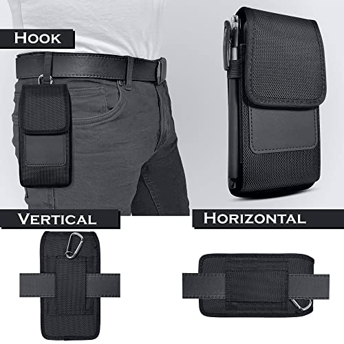 Meilib Belt Case for iPhone 14, 14 Pro, 13 Pro, 13, 12 Pro, 12, 11, XR, Nylon Cell Phone Belt Holder Holster Pouch Cover with ID Card Storage (Fits Phone with Protective Case on) Medium Black