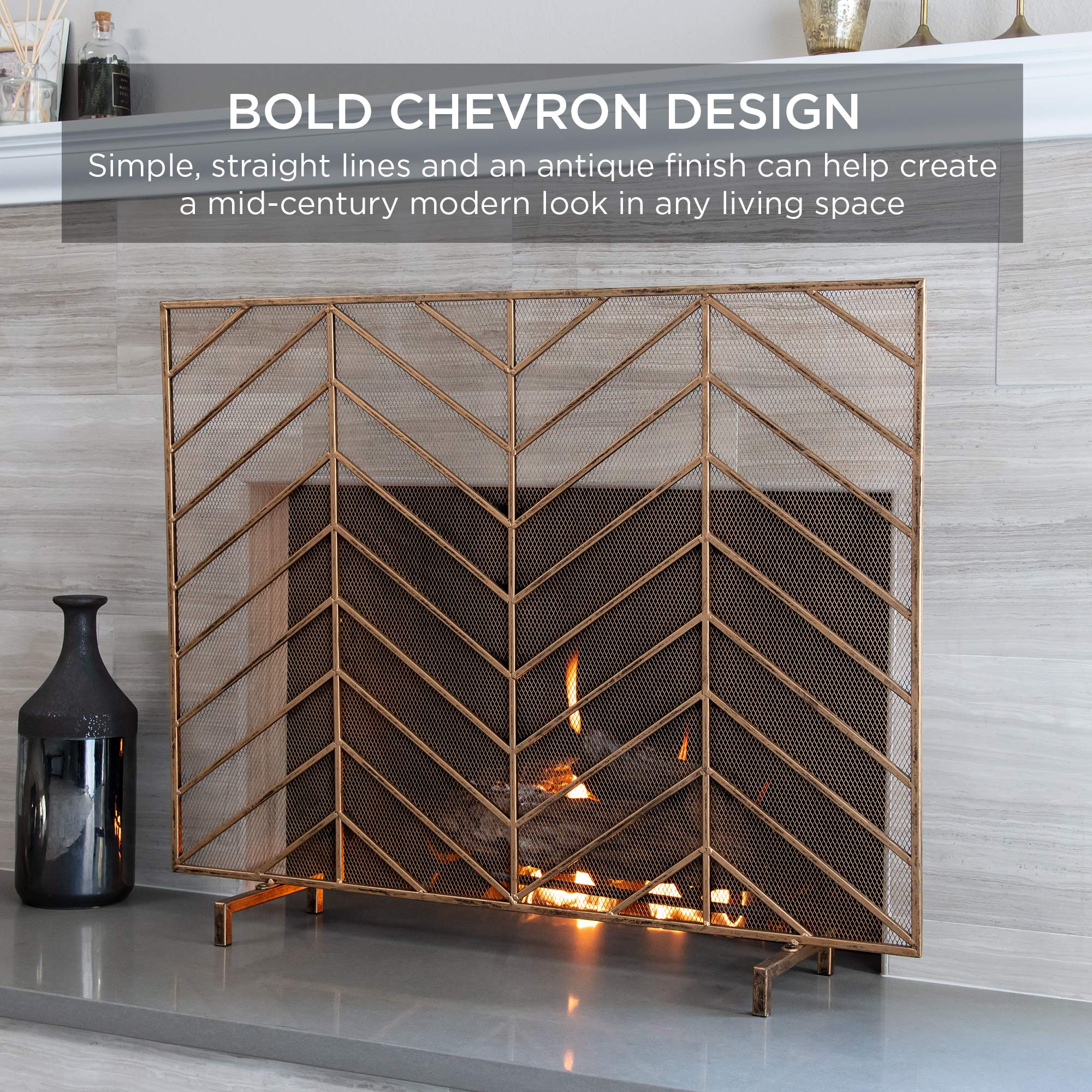 Best Choice Products 38x31in Single Panel Handcrafted Wrought Iron Mesh Chevron Fireplace Screen, Fire Spark Guard for Living Room, Bedroom Décor w/Distressed Antique Finish - Gold