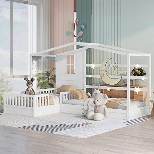 House Beds for 2 Kids Twin Size L-Shape Double Platform Bed Wooden Corner Montessori Bed Frame with Fence Rails and Decorative Panels Cabin/Tent Beds for Boys Girls Teens, White