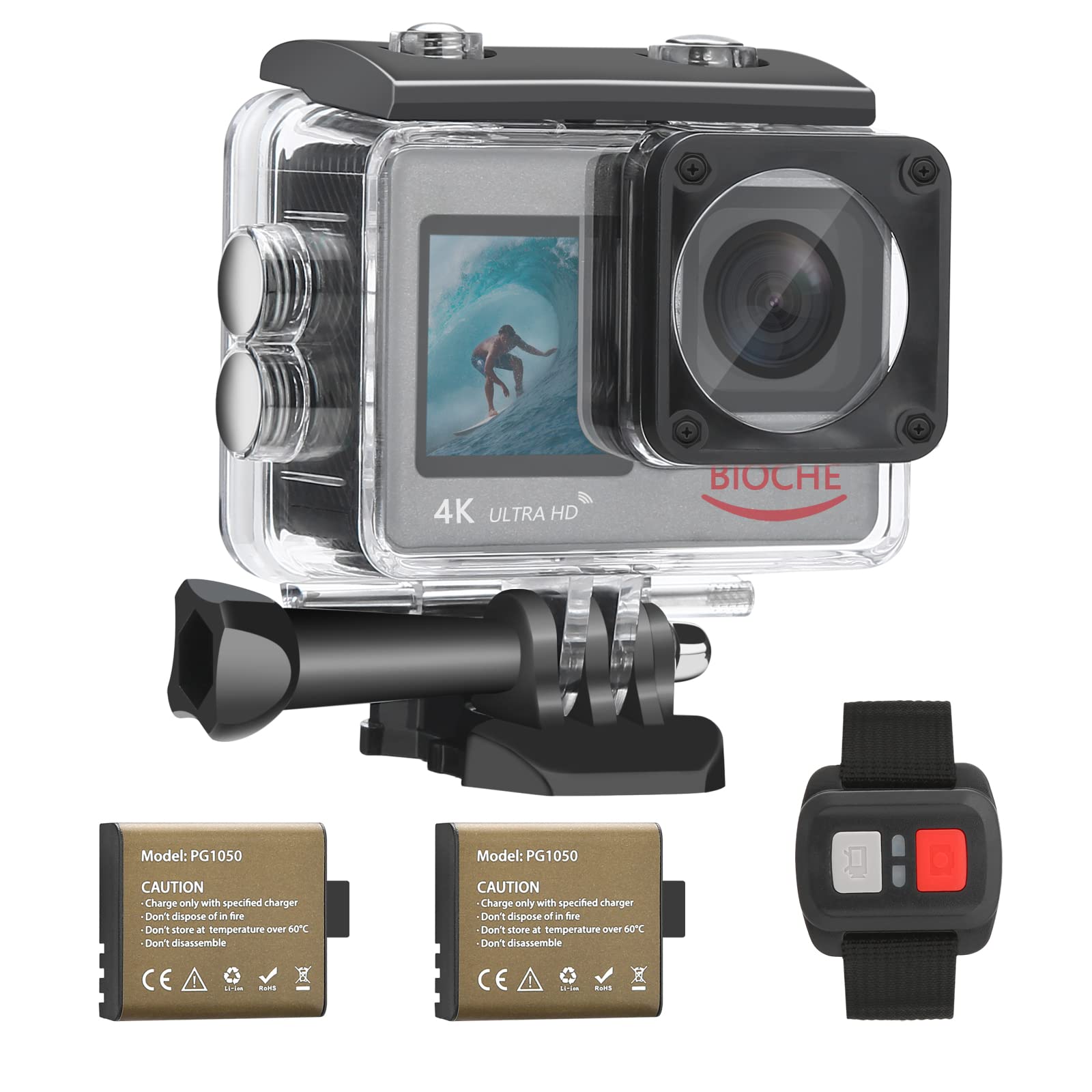 BIOCHE 4K60FPS WiFi Dual Screen Action Camera 20MP with Touch Screen,EIS,170 Angle Wide,30m Waterproof with 4X Zoom,Remote Control Sports Camera with 2 Batteris and Accessories Kit