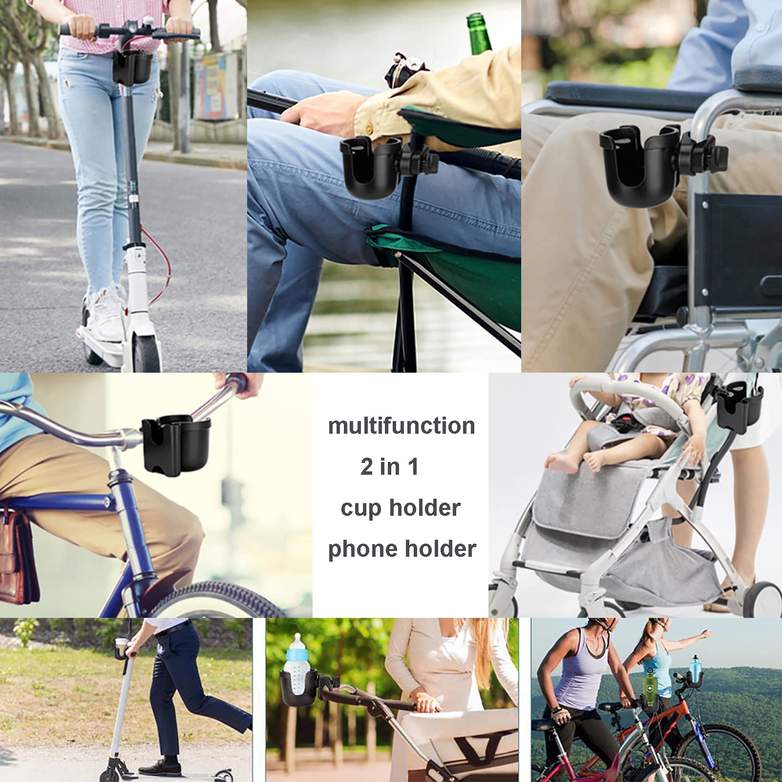 Cup Holder 2 in 1, Stroller Cup Holder, Bike Cup Holder, Stroller Organizer, Stroller Cup Holder with Mobile Phone Holder, 360 Rotation Drink Phone Holder for Bike Pushchair Wheelchair Walker Bicycle