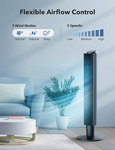 Orgtoy Tower Fan for Bedroom, 42” Oscillating Cooling Fan with Remote, Height Adjustable, 12H Timer, 5 Speeds, LED Display, Low Noise, Touchpad, Space-Saving, Quiet Stand Up Fan for Offices and Home