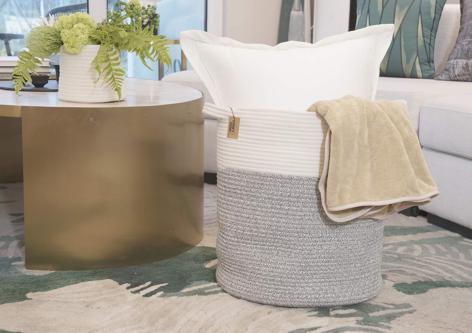 COMFY-HOMI Tall Rope Basket 18X16”(White and Grey)And Square cotton rope basket 13.5X11X9.5” with Handle (White and Dark Grey)