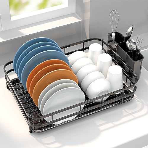 LKKL Dish Drying Rack, Large Capacity Dish Rack for Kitchen Counter, Extendable Dish Rack, Anti-Rust Stainless Steel Dish Drainer with Utensil Holder Cups Holder, Black