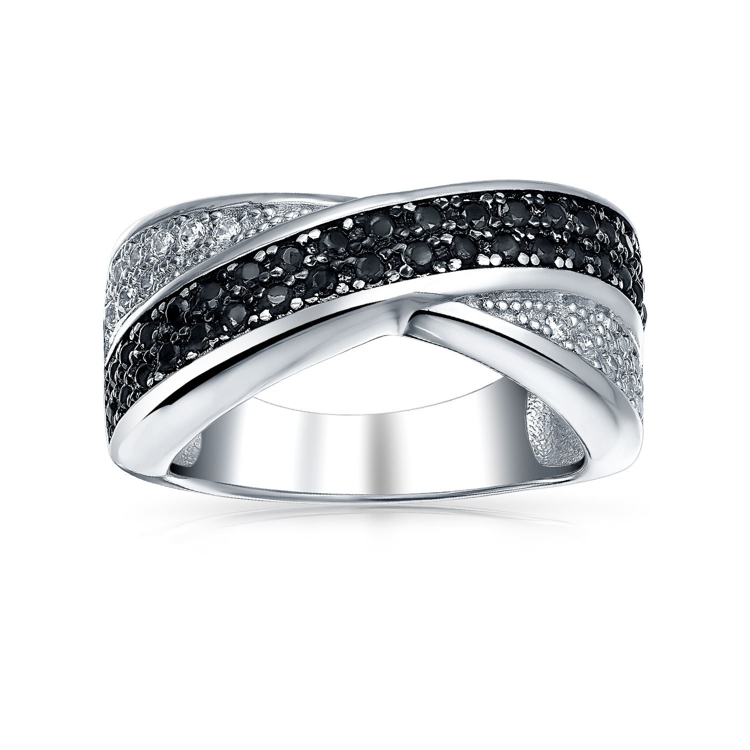 Bling Jewelry Two Tone Black And White Pave Cubic Zirconia CZ Criss-Cross X Band Ring For Women For Girlfriend .925 Sterling Silver